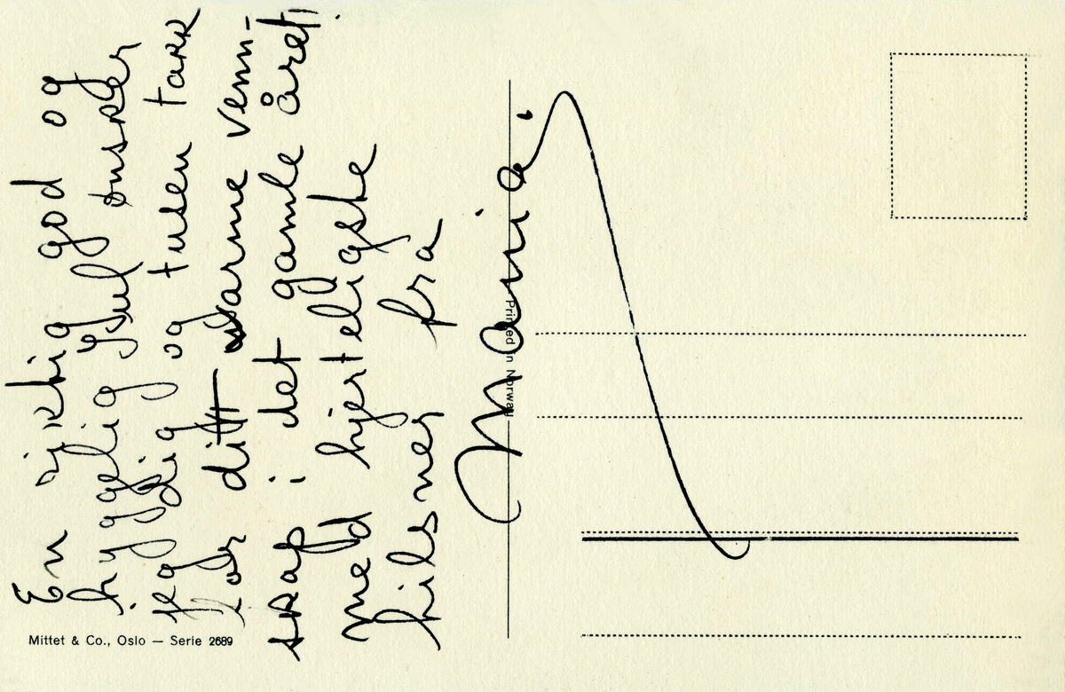 Julekort. Ubrukt. Tegning. Vintermotiv. Ei kvinne er på vei opp ...