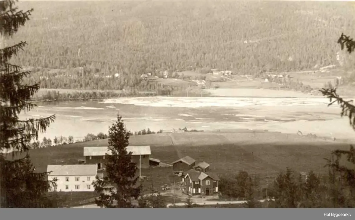 Landskap, Alstad, Rollag, Gardsbruk, Numedalslågen; bak ser vi Bergsjø ...