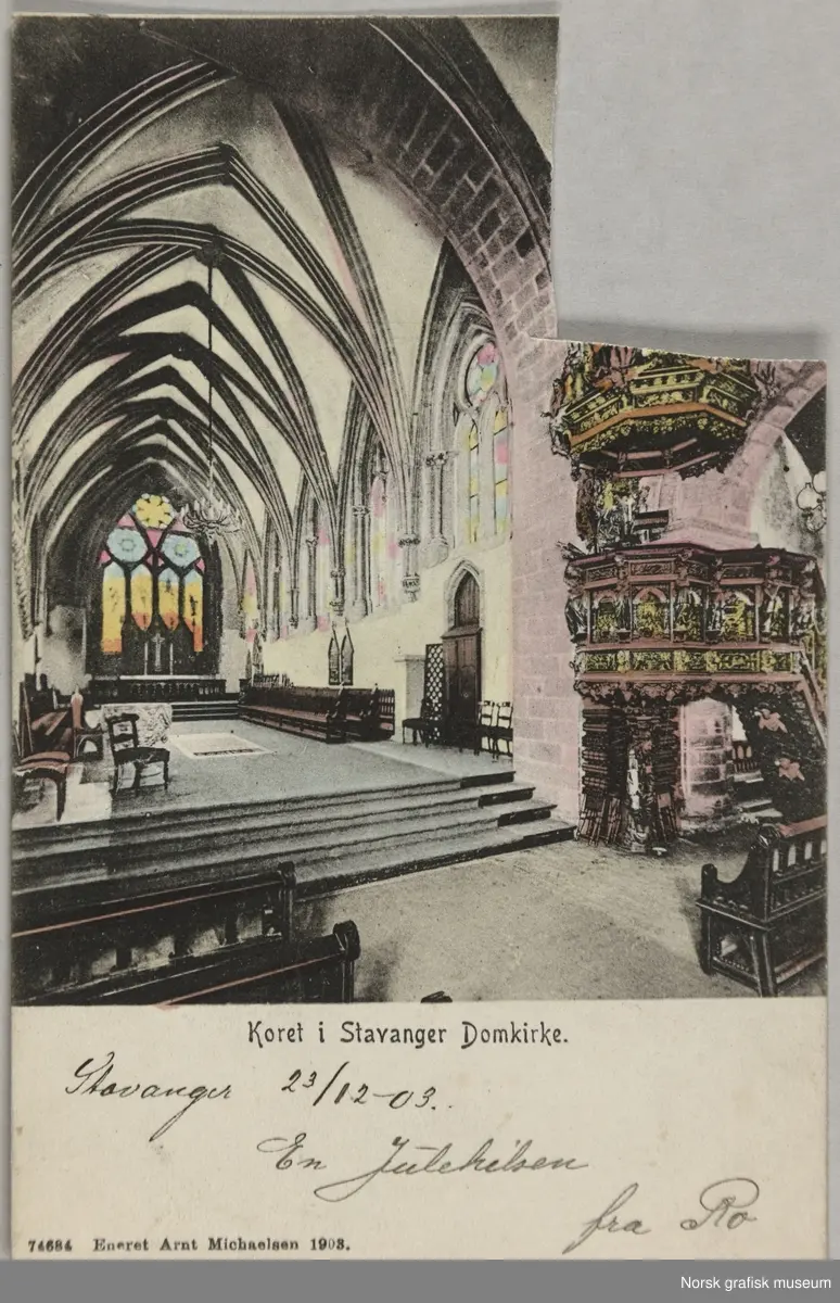 Postkort med julehilsen til Olava Lunde. Det er et håndkolorert bilde ...