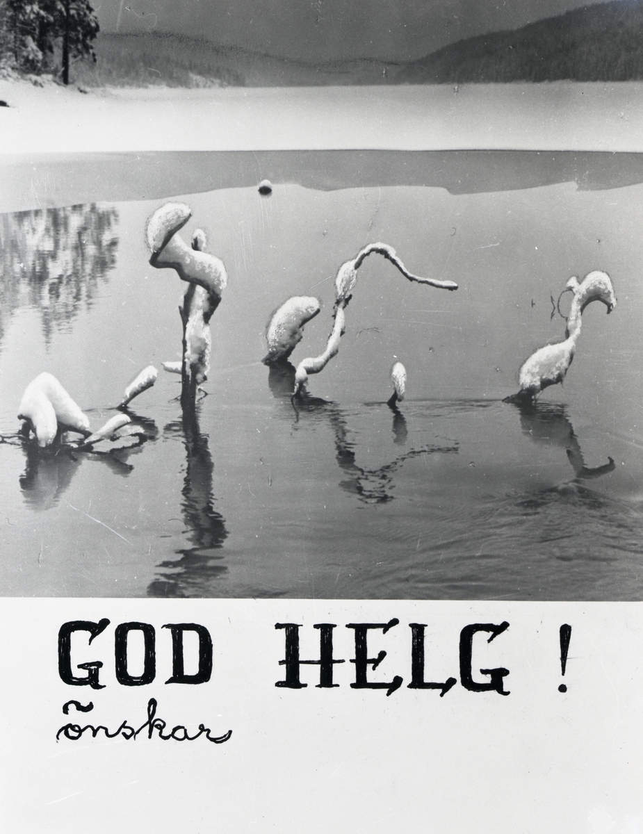 Förlaga till jul- och nyårskort, med texten "GOD HELG önskar". Delvis ...