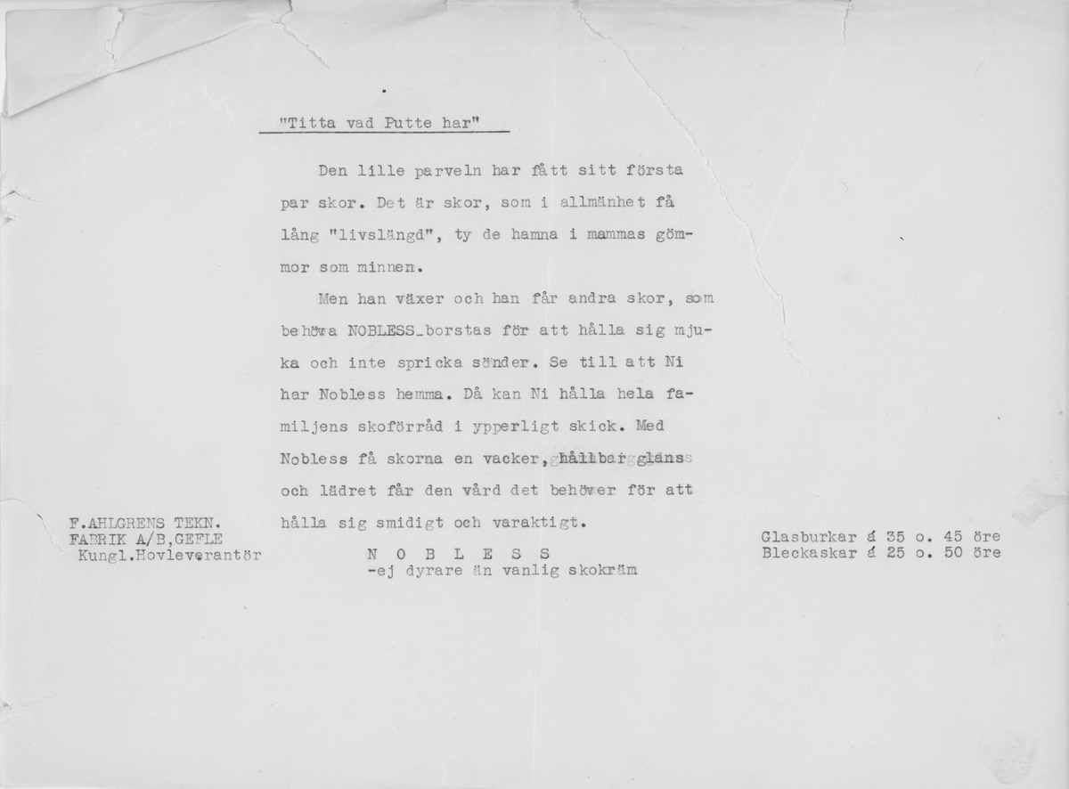 Reklambild Noblesse skokräm 1930-tal, - Länsmuseet Gävleborg ...