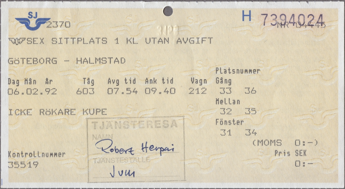 Sittplatsbiljett - Järnvägsmuseet / DigitaltMuseum