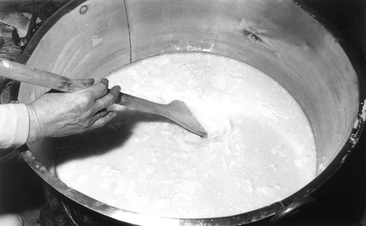 Koking av gøbb (gomme). I kjelen hadde de 10 liter helmelk og når den ...