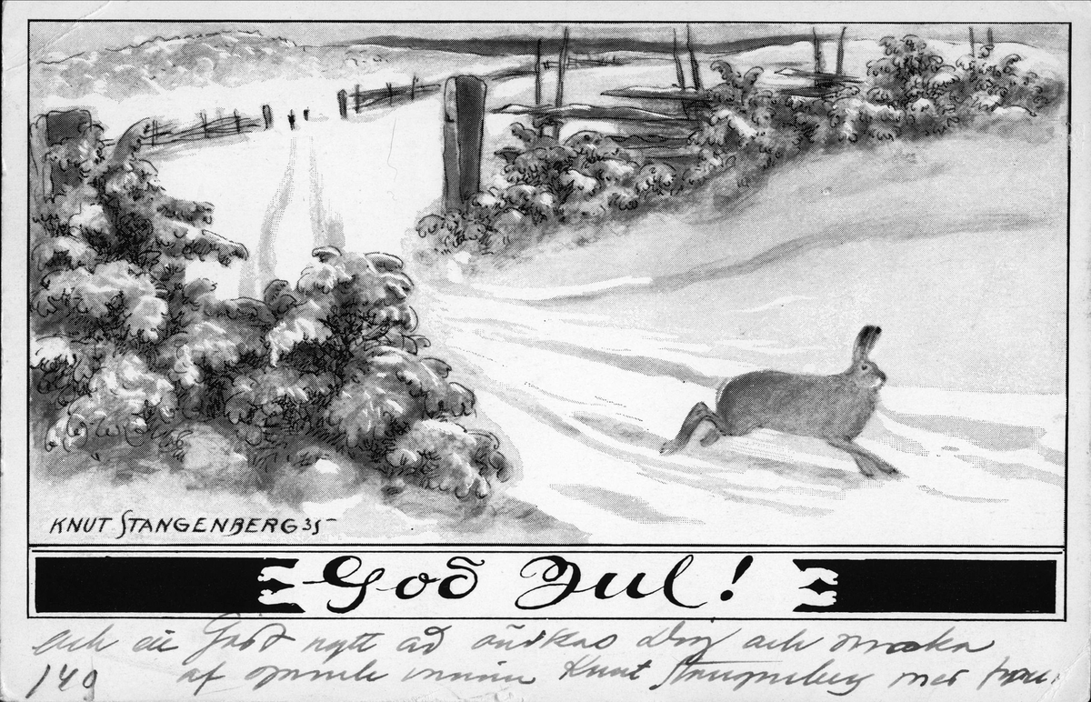 Julkort - vinterlandskap med hare, signerat Knut Stangenberg 1935 ...