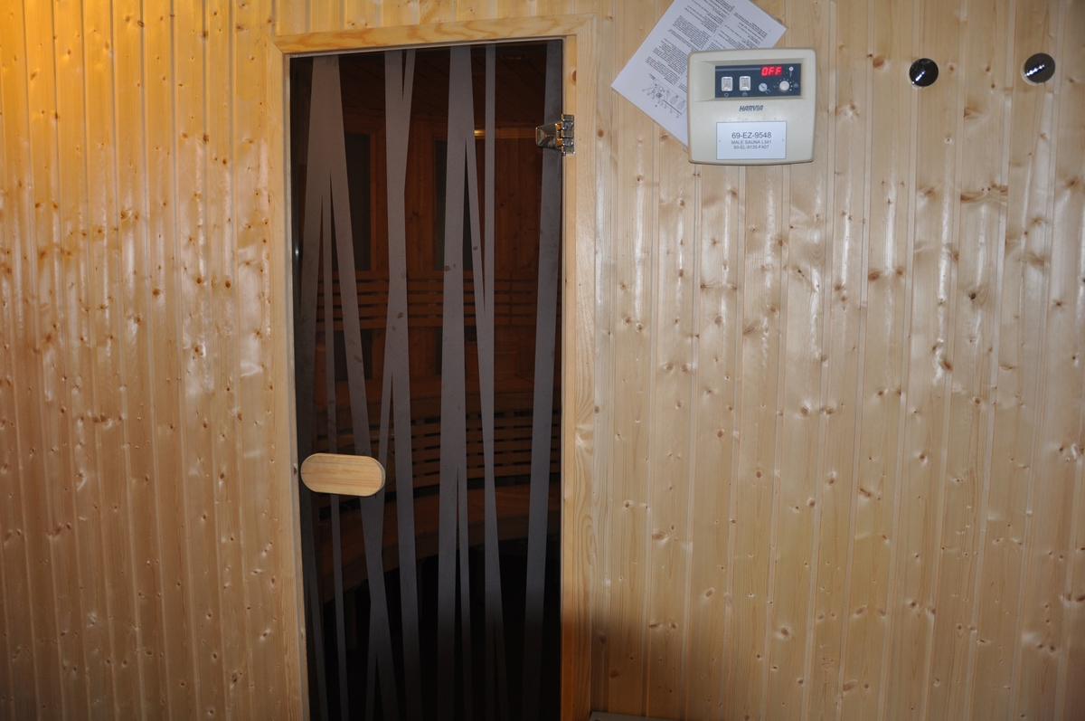 Dør inn til badstue på Valhallfeltet. Døra er dekorert med langsgående ...