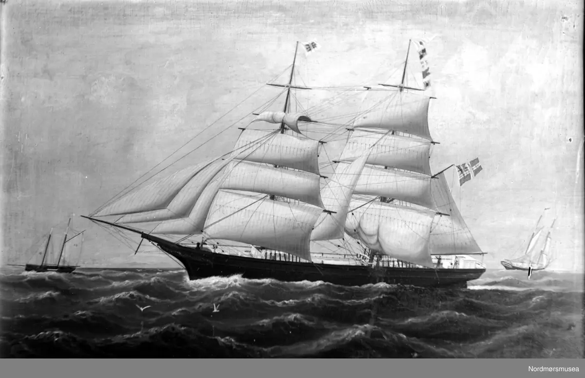 Tegning/maleri av seilskute med seilføring. (Fra Nordmøre Museums ...