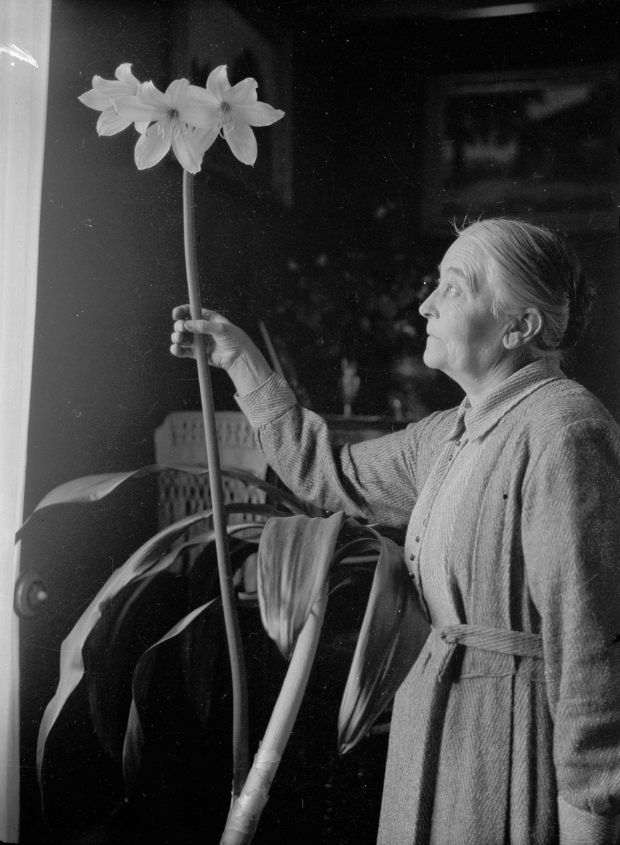 Anna Stina Larsson, gift med fotografens morbror. Stående vid stor ...