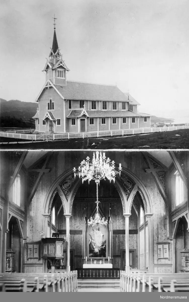 Frei kirke eksteriør og interiør som nybygg 1897. Postkort fra Aas ... Frei kirke eksteriør og interiør som nybygg 1897. Postkort fra Aas ...