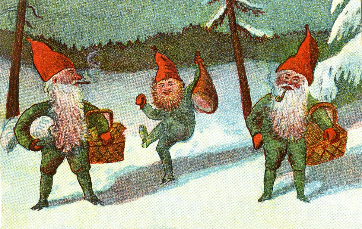 Julekort. Jule- og nyttårshilsen. Vintermotiv. To nisser med julegaver ...