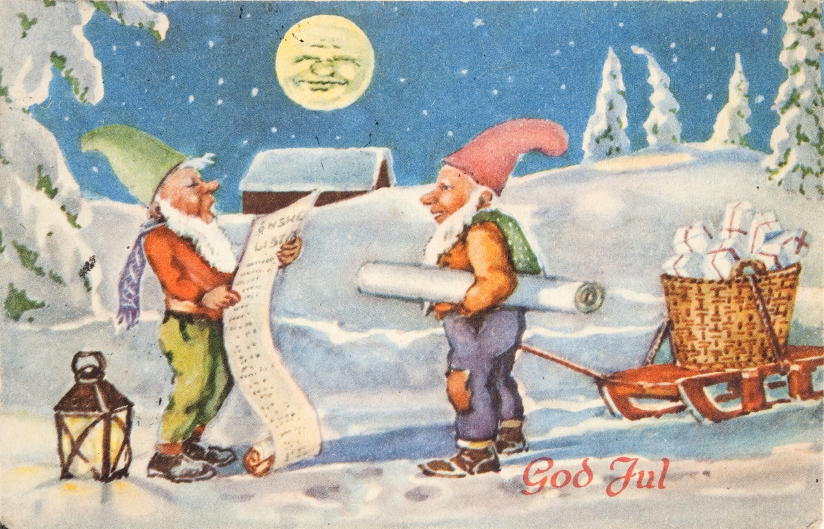 Julekort. Jule- og nyttårshilsen. Vintermotiv. To julenisser på tur med ...