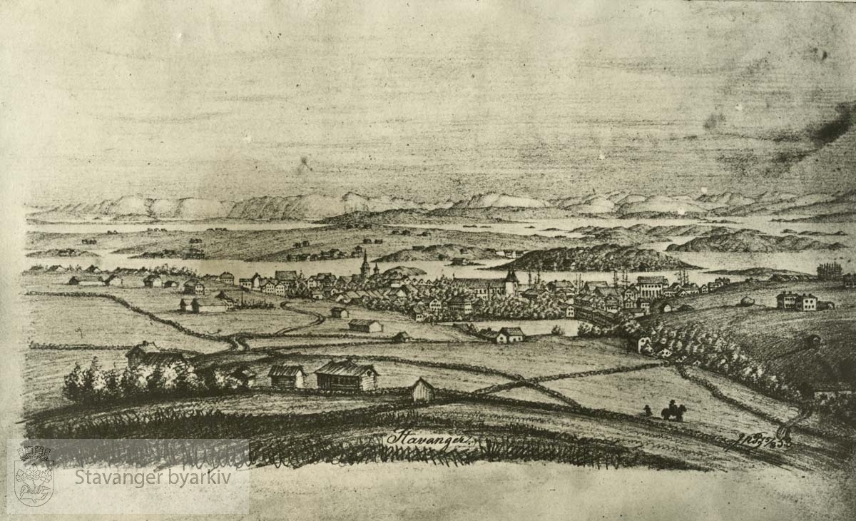 Tegning av Stavanger sett fra Våland - Stavanger byarkiv / DigitaltMuseum