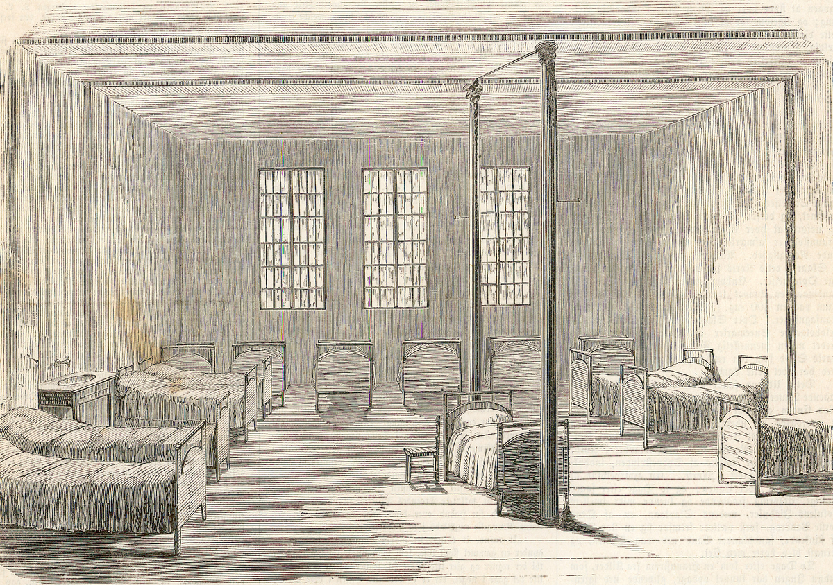 En Sovesal; Christiania Sindsyge=Asyl. (Efter Tegning af Reinh. Boll ...