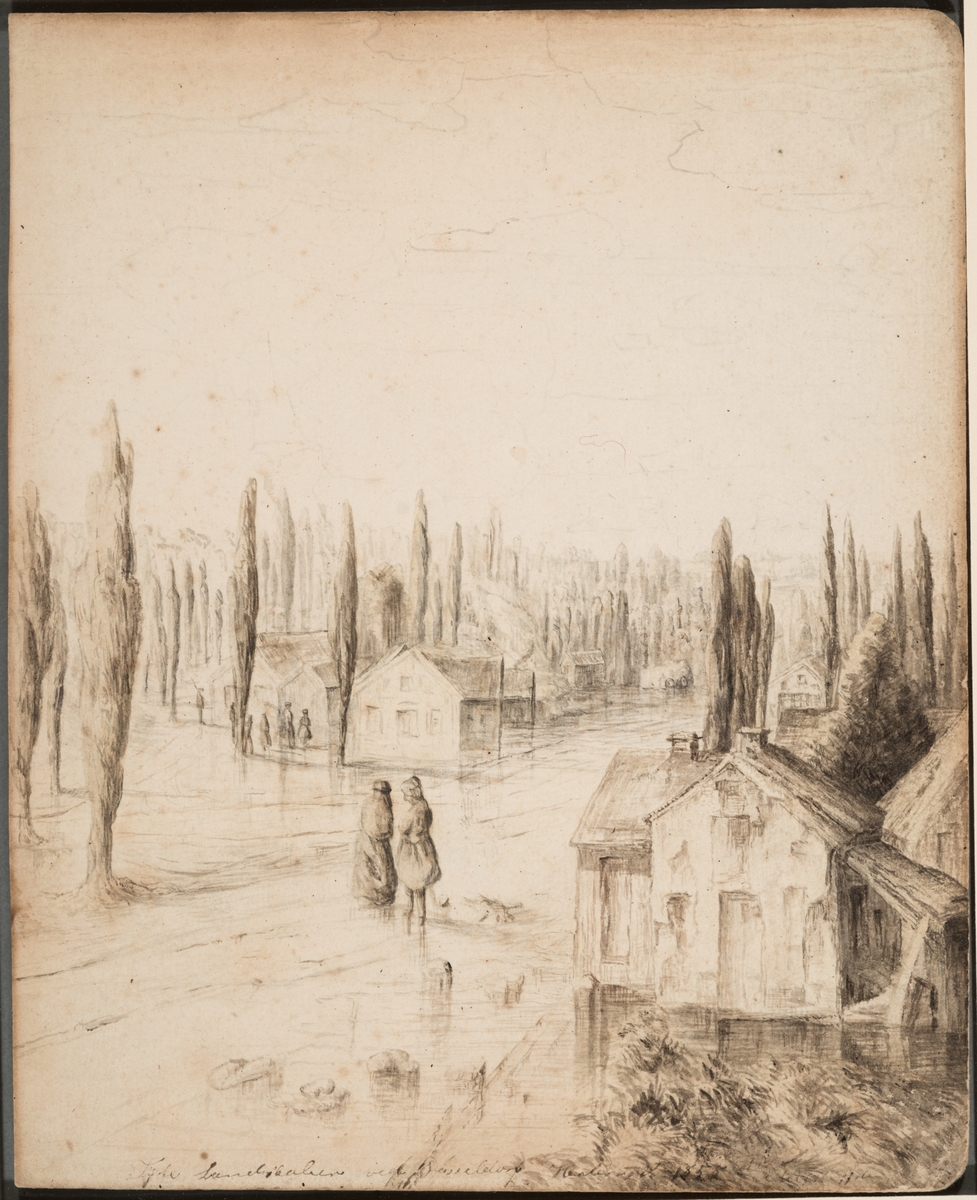 Landsby med popler og mennesker på en vei [Tegning] - KODE kunstmuseer ...