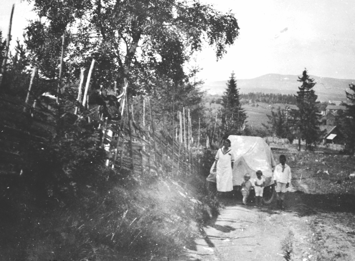 Familien til tannlege Karl Løken på biltur i Furnes, Ringsaker. Bilen ...