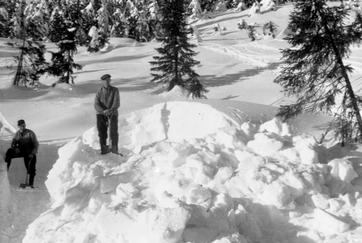 Rydding av store snømengder med spade, snøvinteren 1951, Ringsaker ...